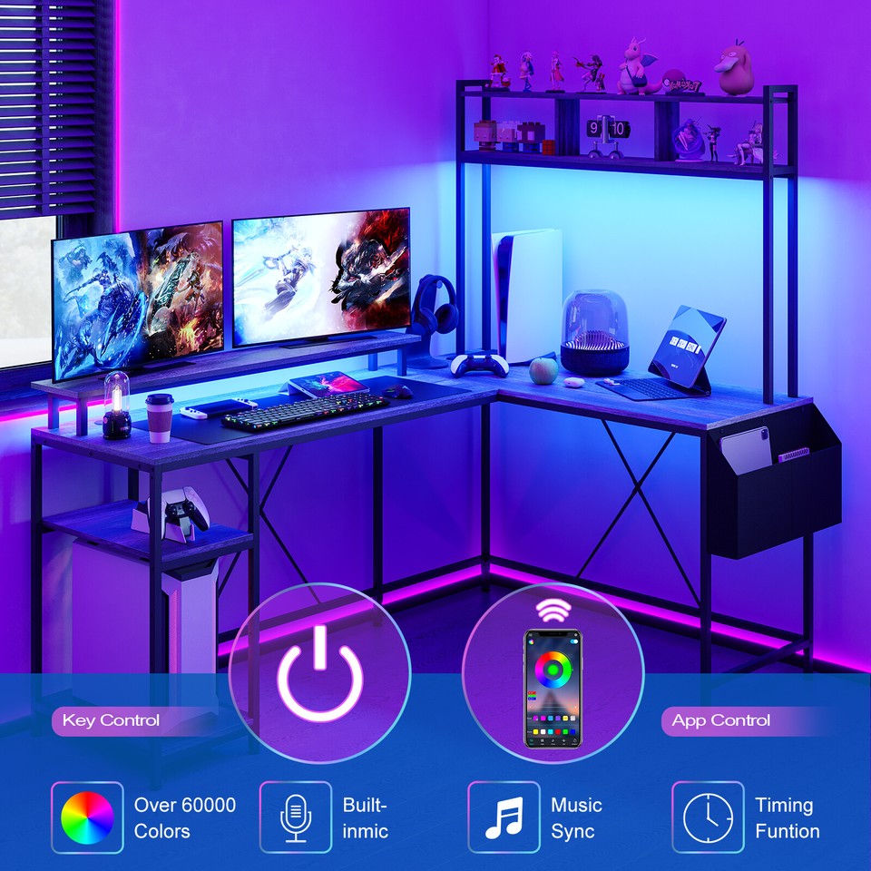 Storage Shelves L Shaped LED Computer Gaming Desk PC Corner Office ...