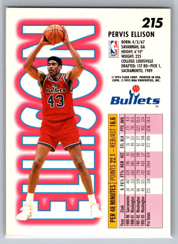 Pervis Ellison 1993-94 Fleer BASKETBALL #215 Washington Bullets | eBay