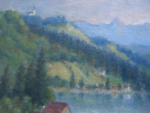 ::ÖLGEMÄLDE BLICK AUF SEE VOR HÜGELLANDSCHAFT TANNEN WIESE VON ADRIAN ...