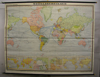 Schul-Wandkarte Weltkarte Weltverkehr Schiffe Eisenbahn-Linien 1961 ...