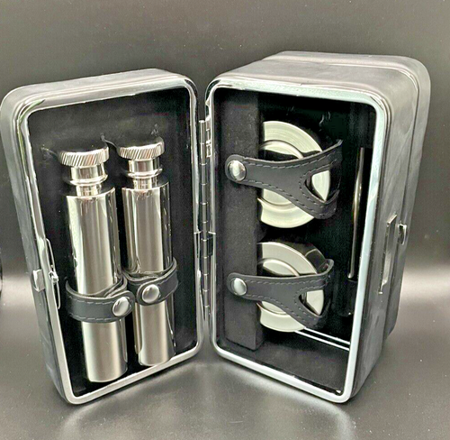 Travel Bar Set 6 pc. Set with Black Leather Case Stainless Steel | eBay