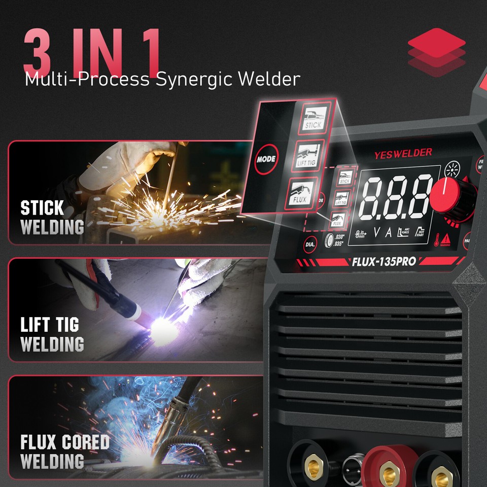 FLUX-135 Flux Core MIG Welder,110V Gasless/Lift TIG/Stick 3 in1 Welding ...