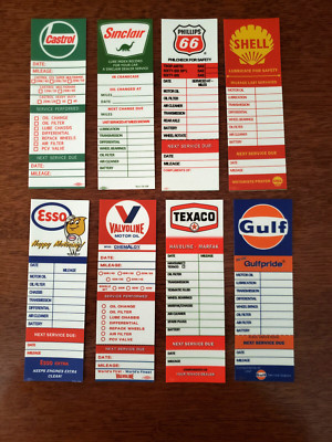 Set of 8 Oil Change Label Sticker Replica Door Shell Esso Castrol Gulf ...