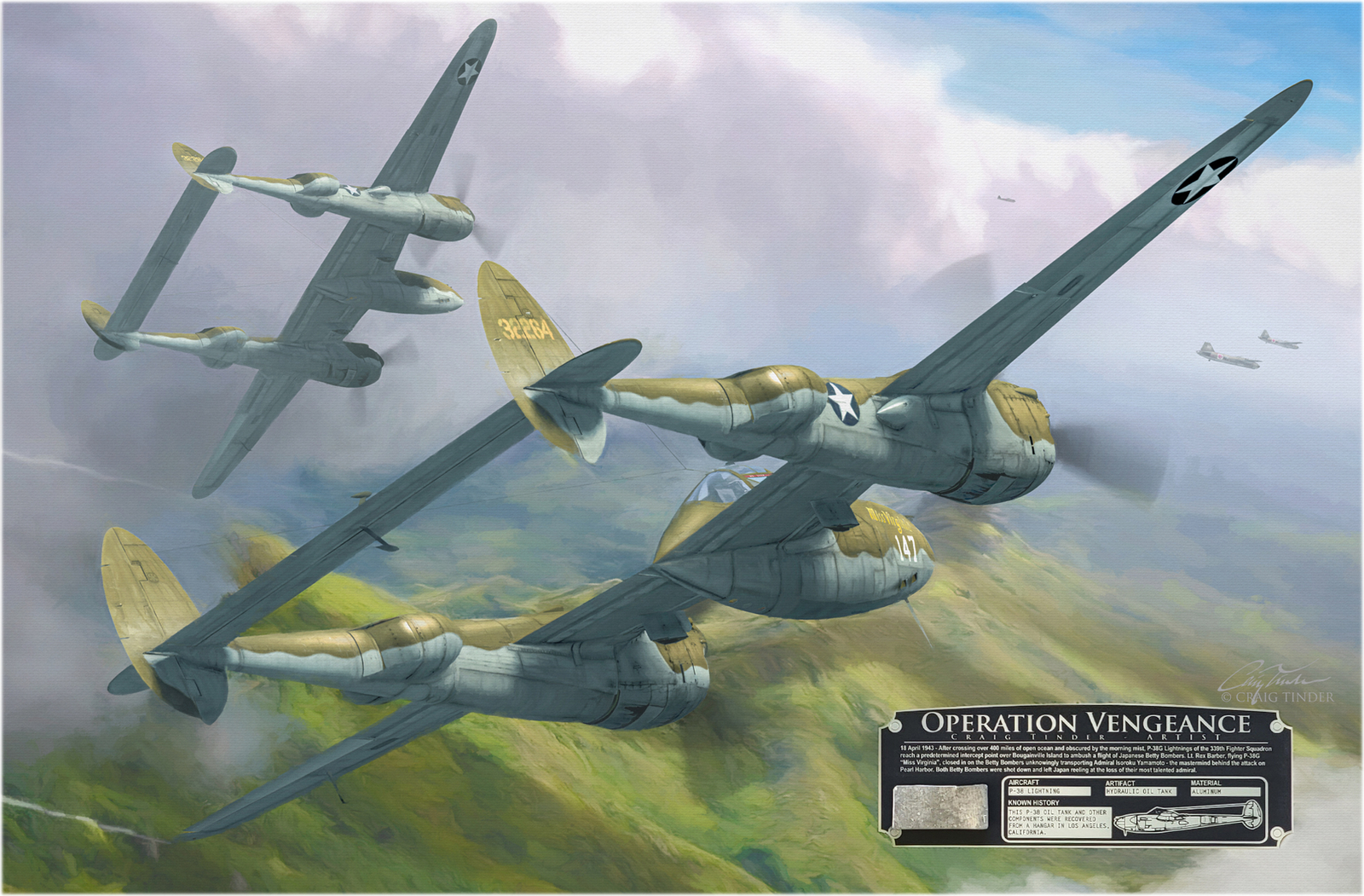 Operation Vengeance - Canvas Art with P-38 Lightnings Relic - 18" x 12 ...
