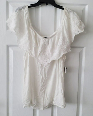 $69 NWT INC White Womens Embroid Overla Ruffled Upper Shirt Top Size ...