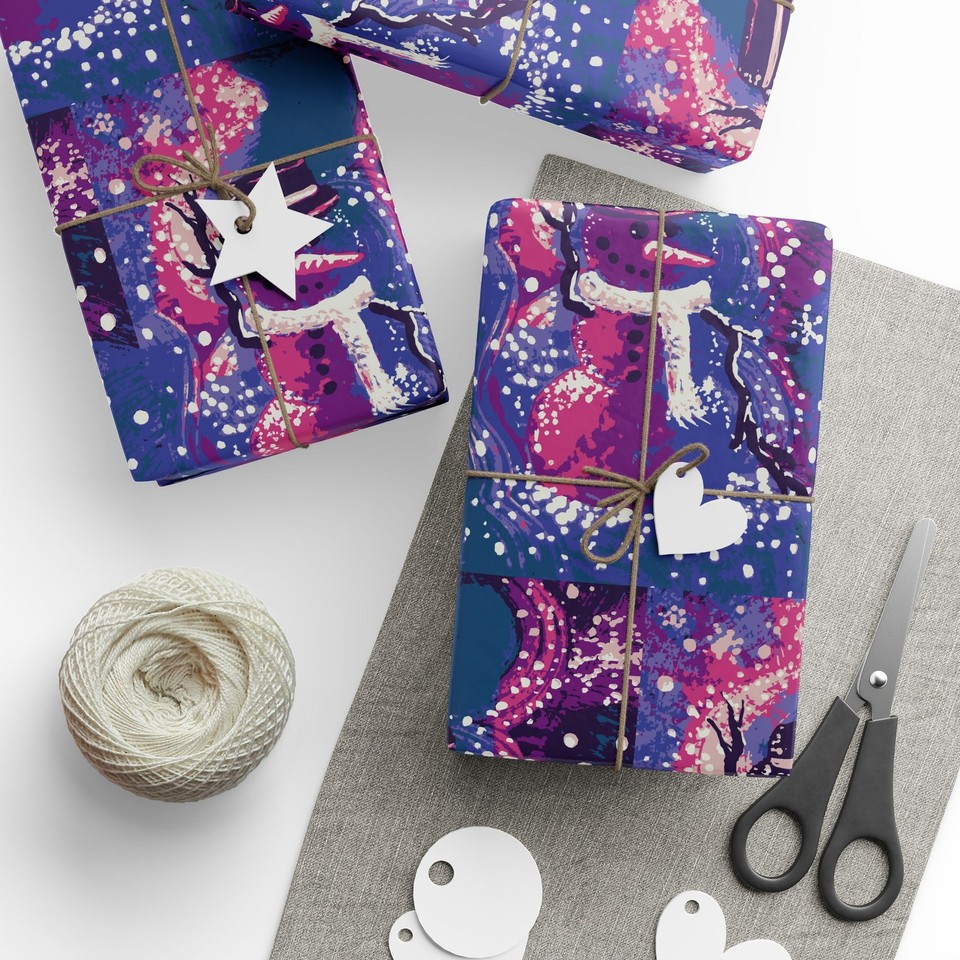 Purple Blue Snowman Wrapping Paper Holiday Gift Wrap Winter unique art ...