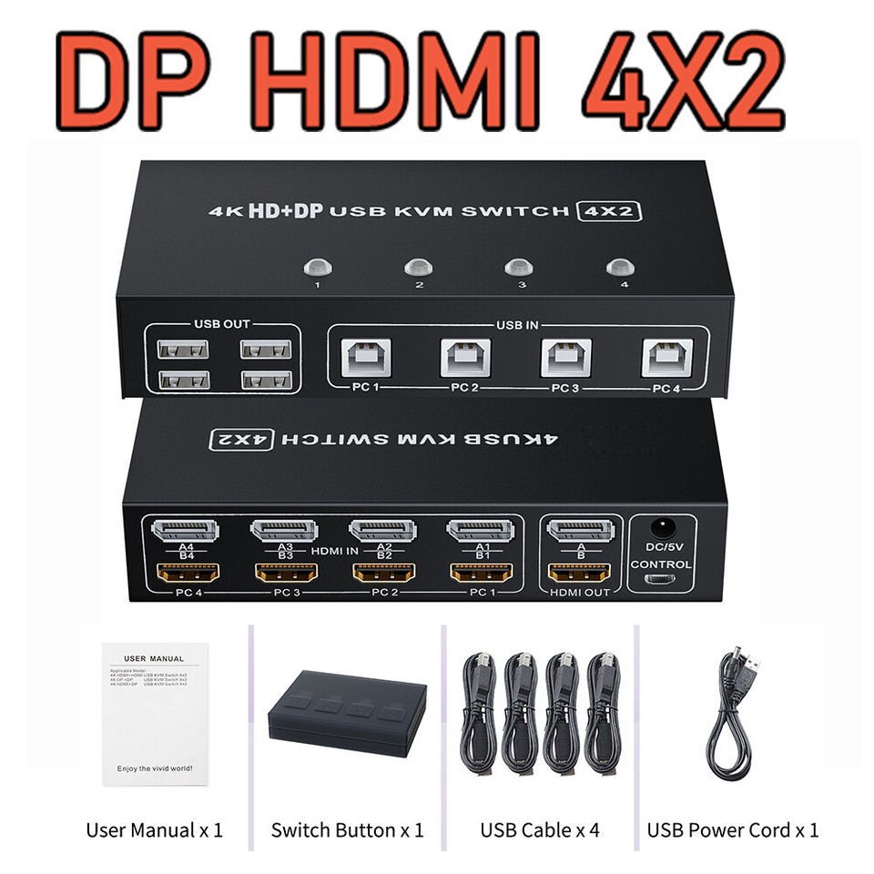 4 Port HDMI +DisplayPort DP USB KVM Switch Dual Monitor 4K 60Hz 4X2 KVM ...