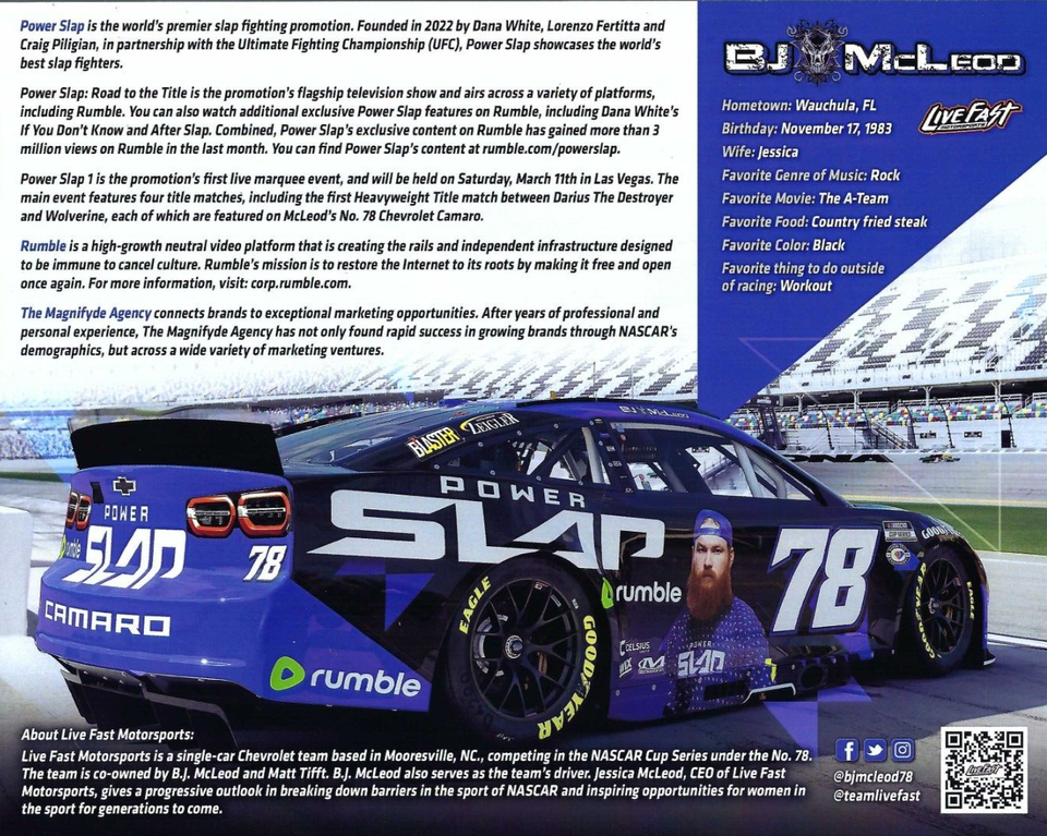 2023 BJ MCLEOD “POWER SLAP RUMBLE ” #78 NASCAR CUP SERIES POSTCARD | eBay