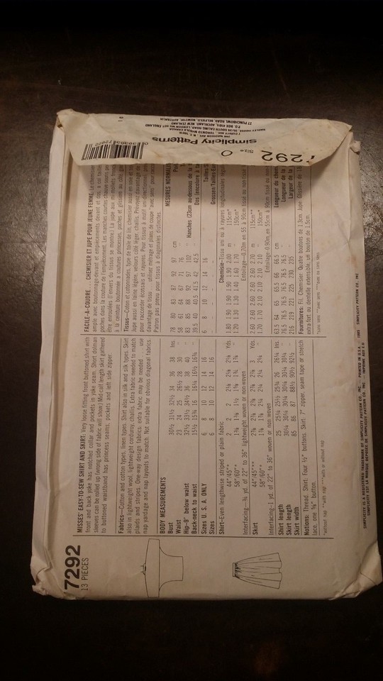 VINTAGE SMIPLICITY LADIES BLOUSE SKIRT PATTERN 7292 SIZE 12-16 FREE ...