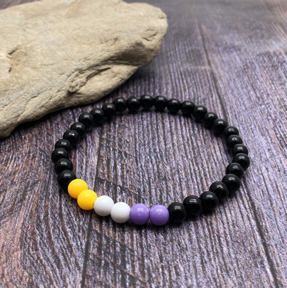 Non Binary Flag Bead Bracelet, 6mm Yellow White Lavender and Black ...