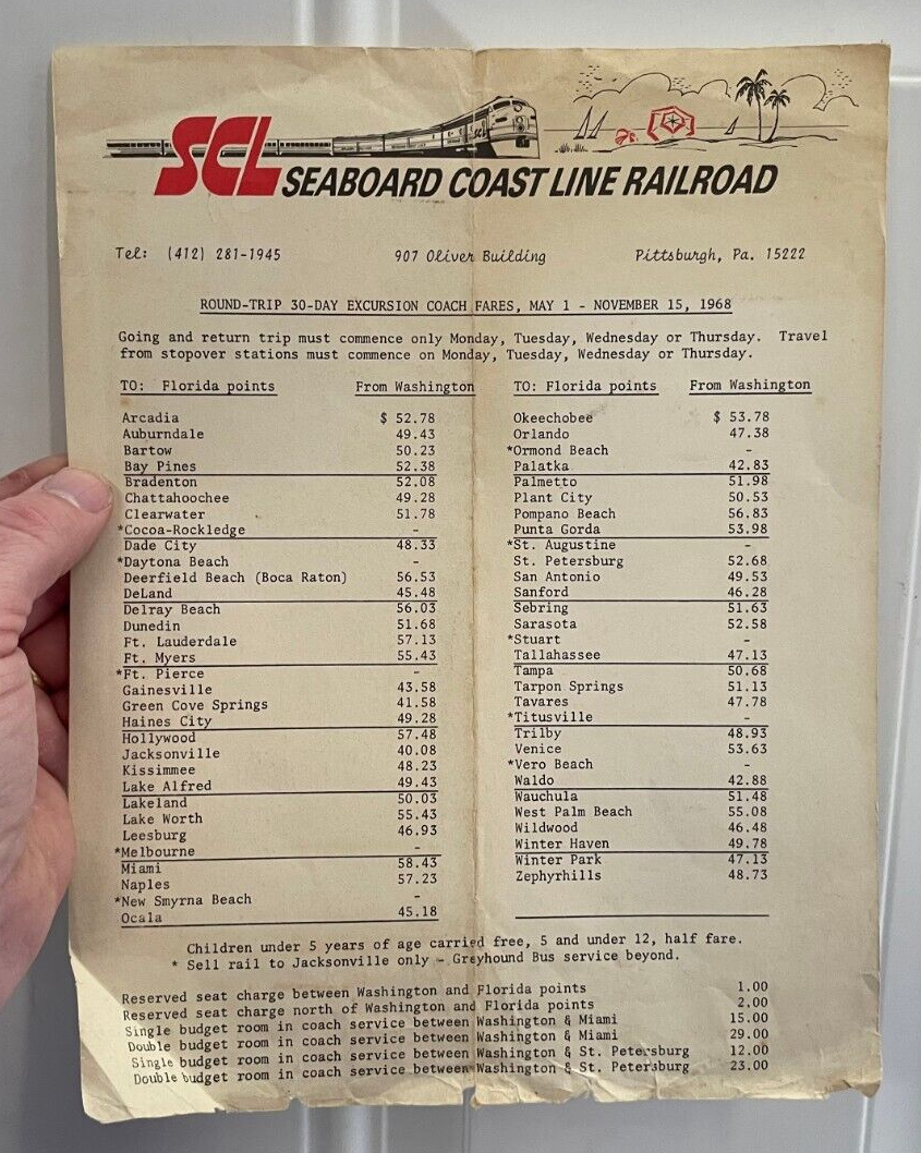 1968 Seaboard Coast Line Railroad Schedule & Price List Pittsburgh PA ...