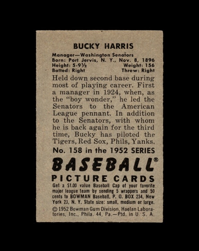 1952 Bowman Set-Break #158 Bucky Harris EX-EXMINT *GMCARDS* | eBay