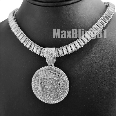 Silver NBA YOUNGBOY 4KT Pendant & 10mm 18" 20" 24" Iced Baguette Chain ...