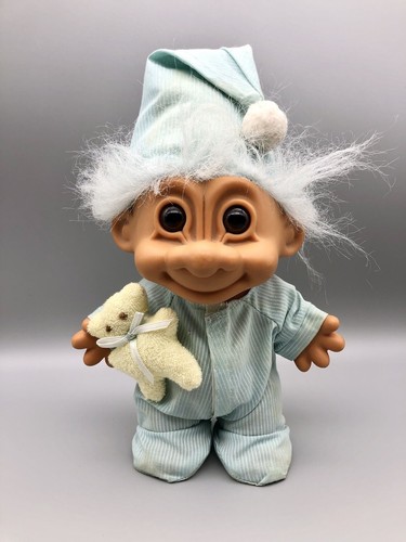 Vintage Russ Boy Troll Doll Blue Pajamas Night Cap Hat Teddy Bear PJs ...