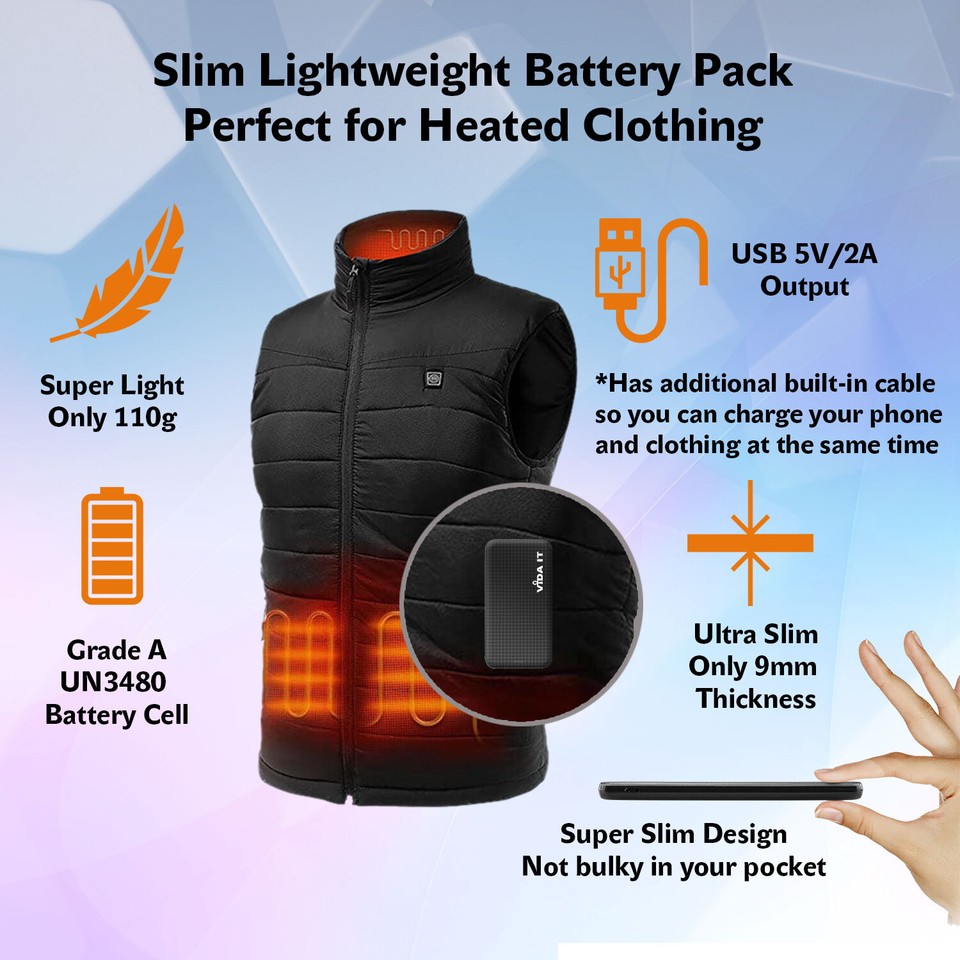 Slim 5V 2A Power Bank USB Charger Battery Pack for Heated Vest Jacket ...