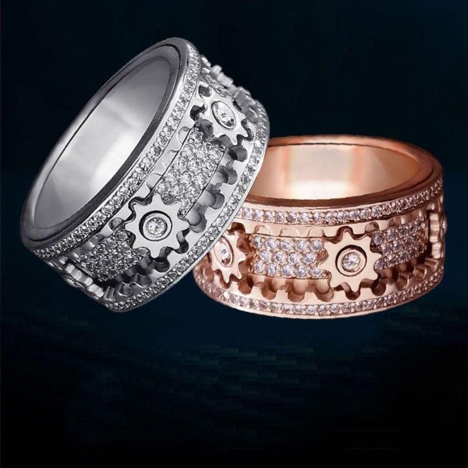 Diamond-studded Rotating Gear Ring in High-Quality Geometric 3D Spinner Ring | eBay