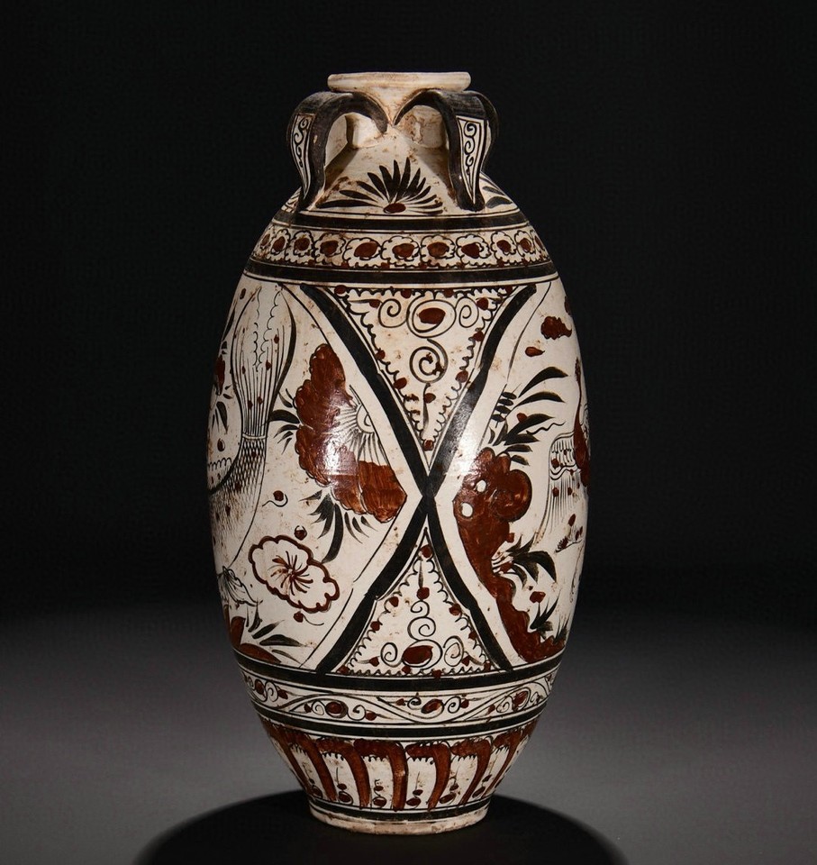 12.9"Song Dynasty Cizhou Kiln Porcelain Peacock Peafowl Fish Pattern ...