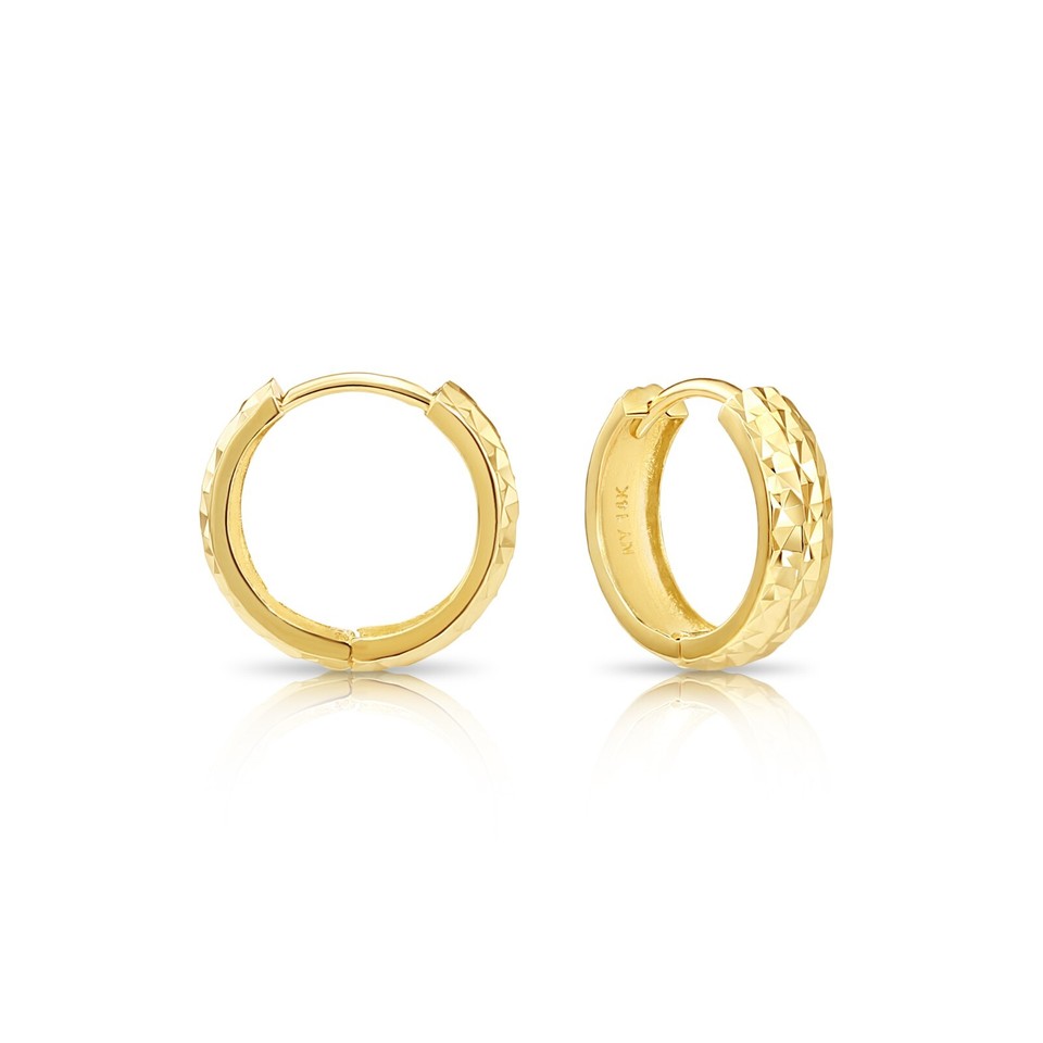 14K Solid Yellow Gold Round Diamond-Cut Chunky Huggie Hoop Earrings ...