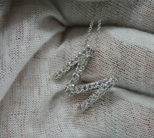 14K WHITE GOLD INITIAL LETTER " M " DIAMOND PENDANT WITH 14K 16" LONG ...