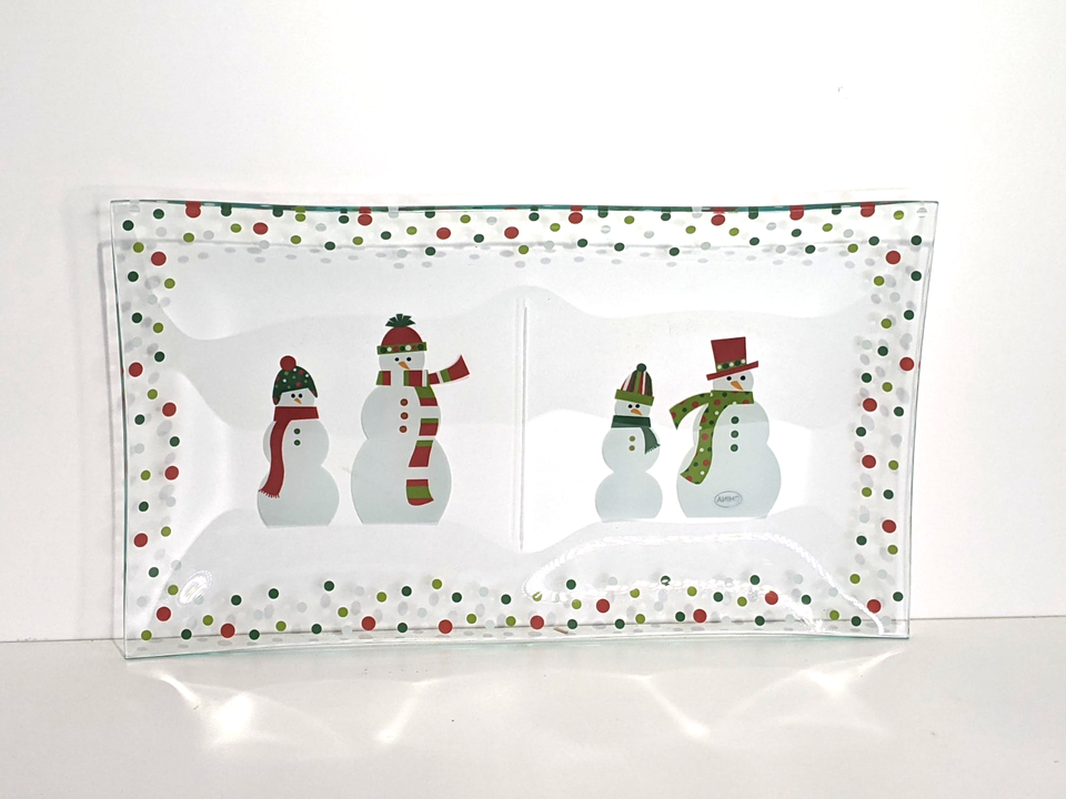 Pampered Chef Snowman-Dots Divided Platter Glass #3012 New Open Box 13. ...