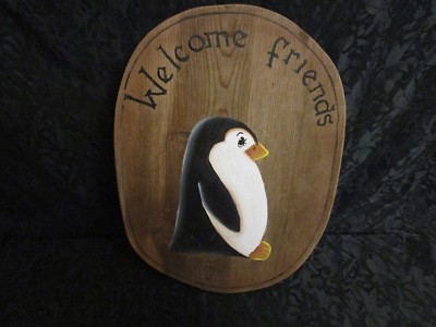 Penguin Welcome Friends wood sign 12" x 8 3/4" x 3/4" rustic farmhouse ...