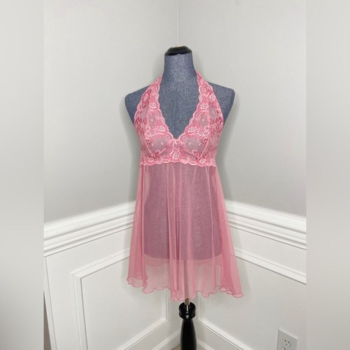 Victoria’s Secret Pink Lace Halter Sheer Mesh Nightie Lingerie Babydoll ...