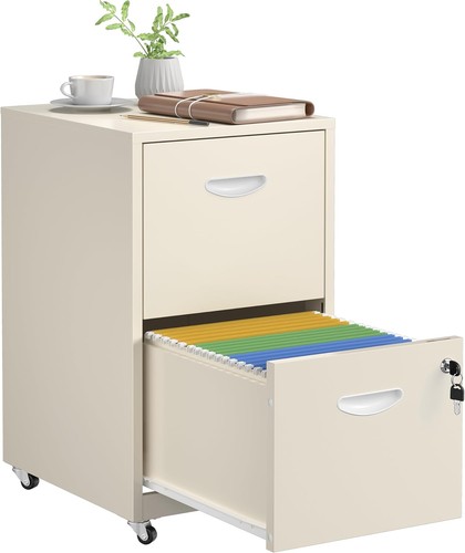 2 Drawer File Cabinet with Lock，Cream Rolling File Cabinet for Home ...