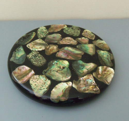 Vintage Abalone Shell Trivet, Lucite Black -Footed - 8" Round - Made in ...