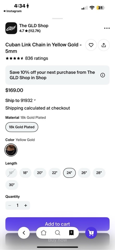 The GLD Shop Cuban Link Chain in Yellow Gold - 5mm 24” 18k Gold Plated ...