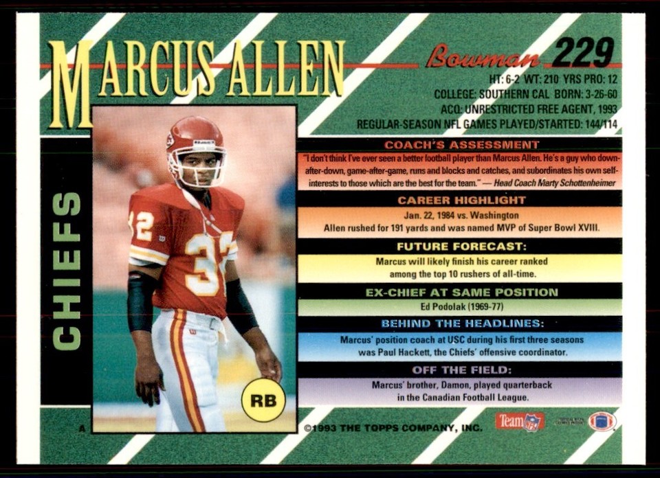 1993 Bowman Marcus Allen Kansas City Chiefs #229 NFL Football Card | eBay