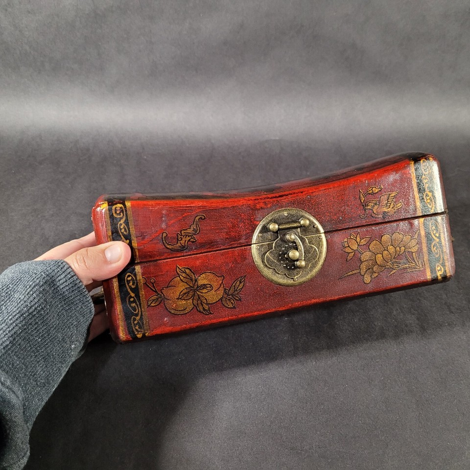 Chinese Lacquered Pillow Box Wood Brass Floral Motifs Vintage | eBay