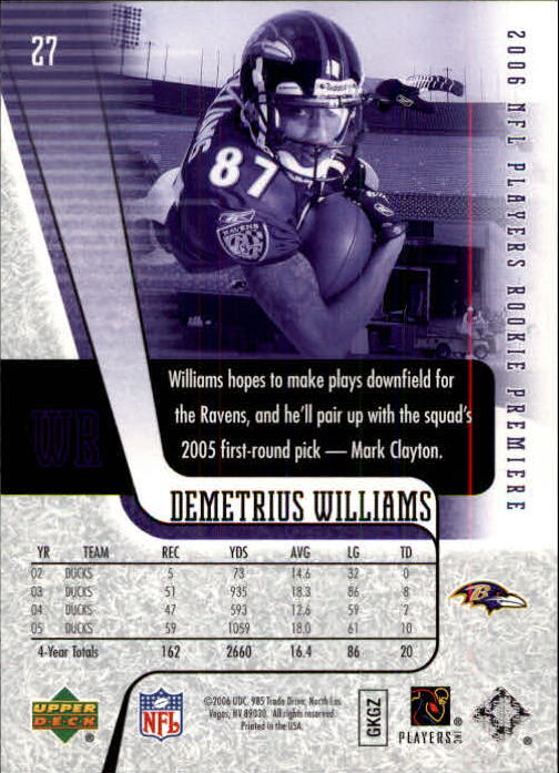 2006 Upper Deck Rookie Premiere Football Card #27 Demetrius Williams | eBay