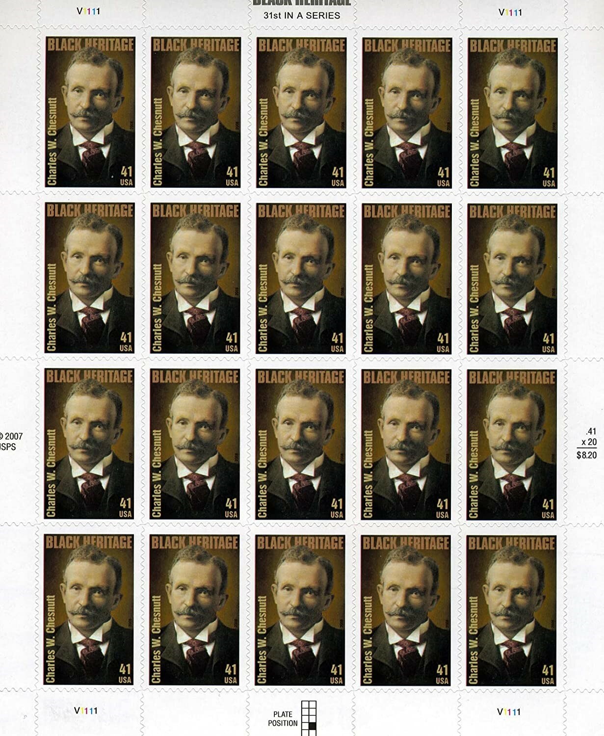 Charles W. Chesnutt Black Heritage Sheet of Twenty 41 Cent Stamps Scott ...