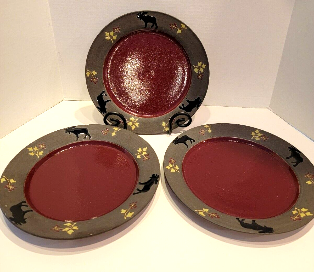 Boot Hill Pottery 3 Dinner Plates Signed-Embossed Moose & Holly ...