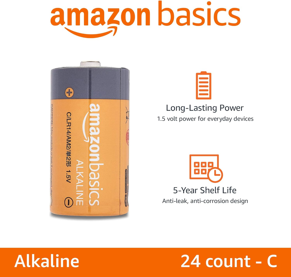 C Cell Alkaline All-Purpose Batteries, 1.5 Volt, 5-Year Shelf Life 24 ...