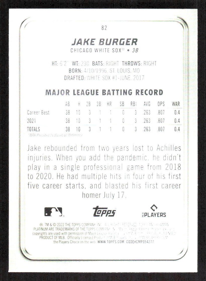2022 Bowman Platinum Jake Burger #82 Baseball Rookie Chicago White Sox ...