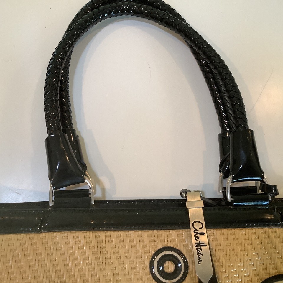 Vintage Cole Haan Collection Straw Black Patent Trim Circles Handbag ...