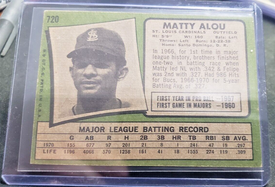 1971 Topps Matty Alou Card #720 St. Louis Cardinals NM/MT Nice Card ...