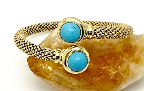 14k Yellow Gold GCJ Italy Turquoise Flex Beaded Mesh Bracelet w/Card ...
