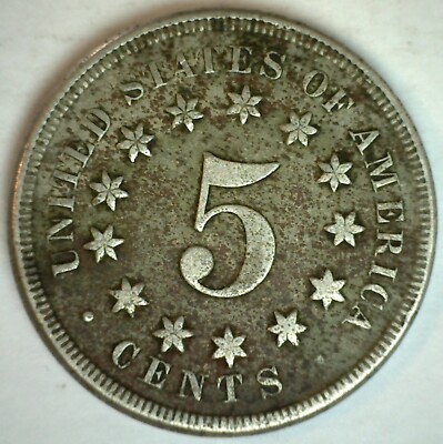 1867 Shield Five Cents Copper Nickel Coin No Rays Variety 5c US Type ...