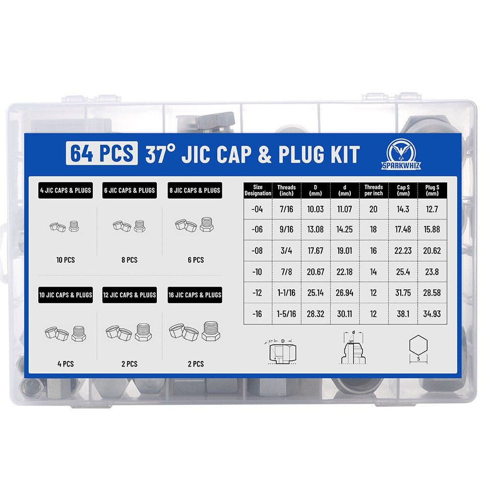 64Pcs JIC 37° Flare Thread Cap & Plug Kit 37 Degree JIC Cap and Plug ...