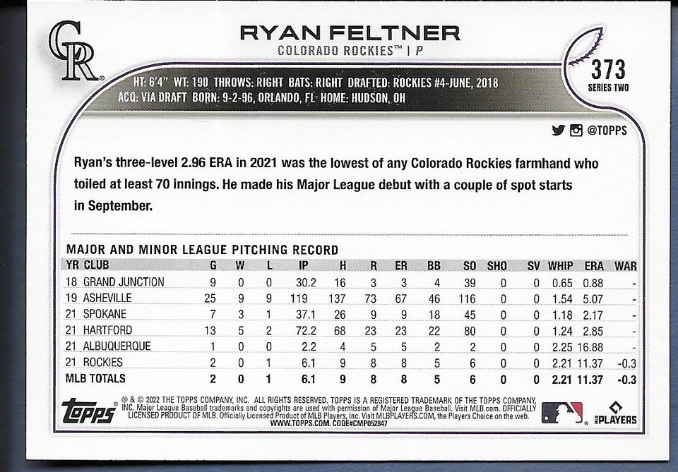 2022 Topps #373 Ryan Feltner Colorado Rockies Rookie | eBay