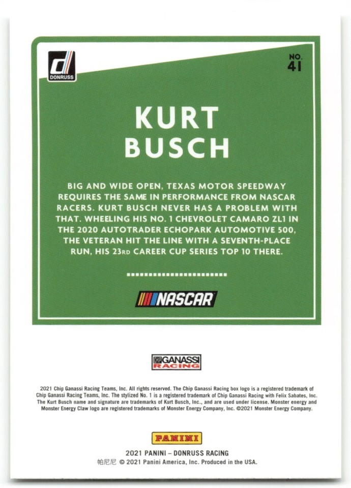 2021 Donruss Racing Kurt Busch Car #41 | eBay