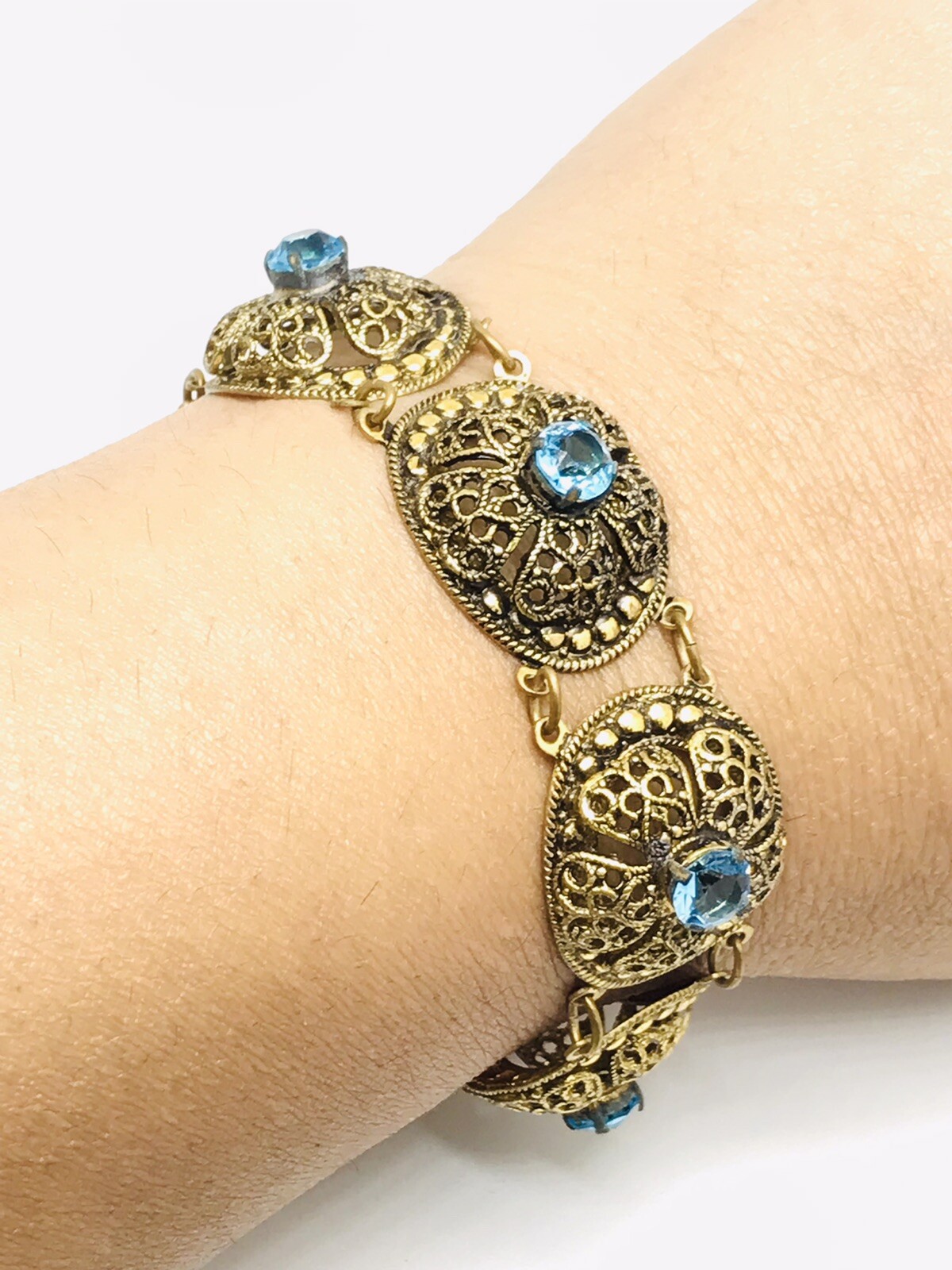 Antique Czechoslovakia Blue Glass Stone Filigree Bra… Gem