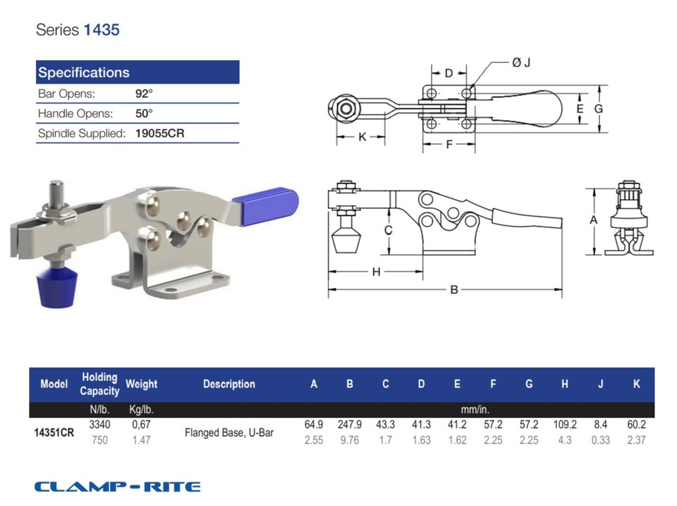Clamp-Rite 14351CR Horizontal Toggle Clamp, 750 lb (cross ref 235-U ...