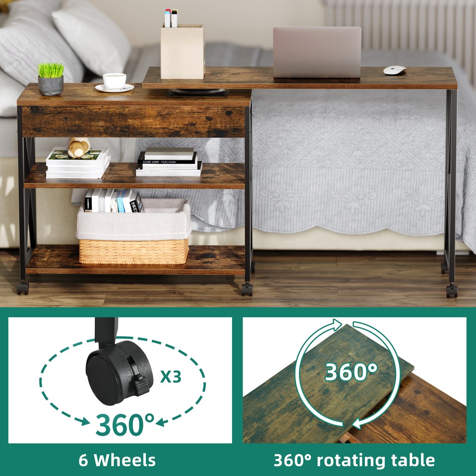 360° Rotatable Sofa Side Table L Shaped Mobile End Table w/ 2 Tier ...