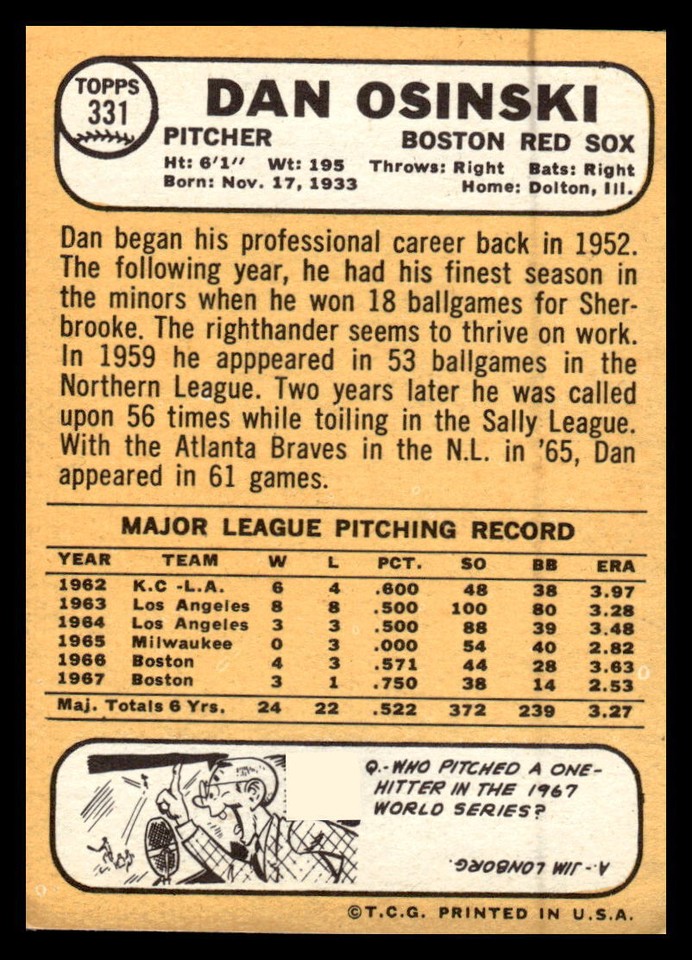 1968 Topps Dan Osinski #331 Boston Red Sox Baseball Card | eBay
