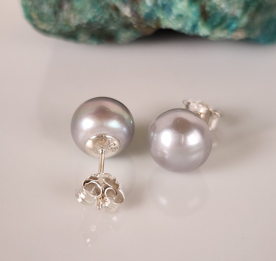 Handmade Natural Sliver Pearl 9.5-10mm Stud Earrings Solid 925 Sterling ...