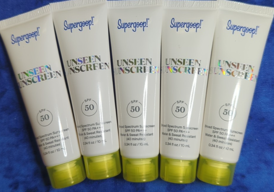 5 x Supergoop! Unseen Sunscreen spf50 travel sizes .34 oz each (exp: 8/ ...