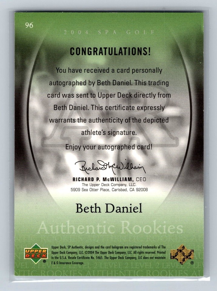 BETH DANIEL 2004 SP Authentic Rookies Signatures Level 1 RC AUTO /1500 ...